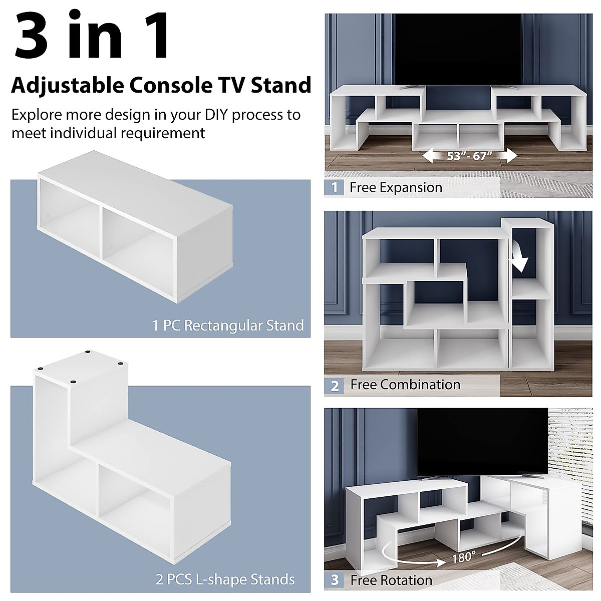 Tangkula 3 Pieces Console TV Stand, Free-Combination Entertainment Center for 50 55 60 65 Inch TV, Minimalist Modern TV Media Stand, DIY Open Storage Bookcase Shelf for Living Room (White)
