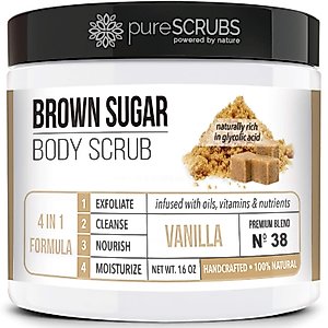 pureSCRUBS Premium Vanilla Brown Sugar Scrub | Face, Feet & Full Body Scrub | Large 16oz Jar Includes Wooden Spoon, Loofah & Mini Exfoliating Bar Soap