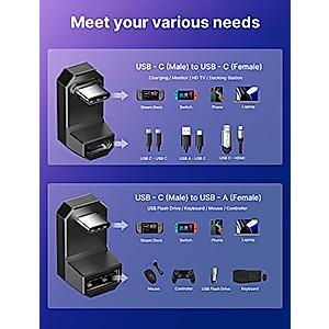 JSAUX 180° USB-C to USB Adapter 2 Pack, 180 Degree Angle USB-C Male to USB-C Female USB-C 3.1/PD 100W and Type-C Male to USB-A Female Adapter, for ROG Ally,Steam Deck,Switch,Laptop,Tablet,Phone-Black