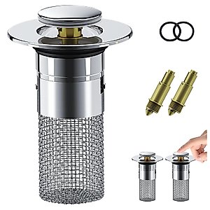 2PCS Bathroom Sink Stopper Hair Catcher for 1.33-1.57Inch Hole, Pop Up Sink Drain Filter, Floor Drain Filter with Removable Stainless Steel FilterBasket for Laundry Utility RV(Plastic Core)