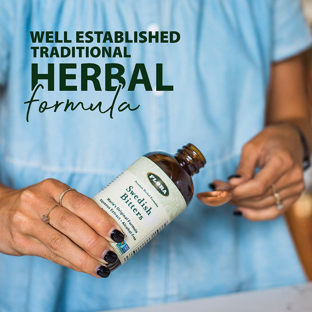 Flora - Swedish Bitters for Digestion, Alcohol-Free Bitters Help Bloating & Digestion, Maria's Original Formula Aqueous Extract, Vegan, Kosher, Non GMO, 3.4-fl. oz. Glass Bottle