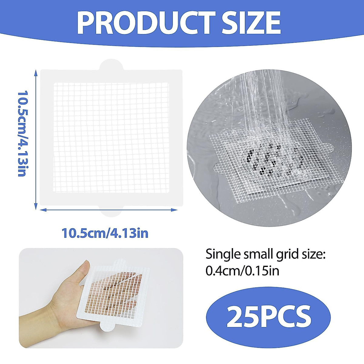 25 Pcs Disposable Shower Drain Hair Catcher 4.1inch Shower Drain Cover Mesh Stickers Hair Catcher Shower Drain Floor Drain Sticker for Bathroom Laundry Bathtub Kitchen Sink Drain(Square with Handle)