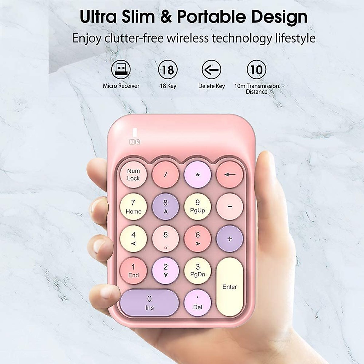 FELICON Wireless Numeric Keypad 18 Keys with 2.4G Mini Portable Silent Number Pad USB Receiver Financial Accounting Keyboard Extensions for Laptop Desktop PC Pro（Pink Mix）