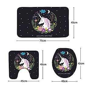 Amagical Unicorns are Real Pattern 16 Piece Bathroom Mat Set Shower Curtain Set Bath Mat Contour Mat Toilet Cover Fabric Shower Curtain with 12 Hooks Black (16)