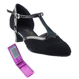 Very Fine Dance Shoes - Ladies Practice, Cuban Low Heel, Waltz Ballroom Dance Shoes - 9627-2.5-inch Heel and Foldable Brush Bundle - Black Nubuck - Black Trim - 9