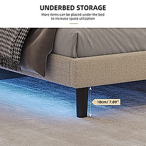 INCLAKE Queen Size Platform Bed Linen Upholstered Platform Bed Frame with RGB LED Lights and Adjustable Headboard Square Stitched Bed Frame, Wood Slats Support, No Box Spring Needed, Beige
