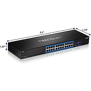 TRENDnet 24-Port Gigabit Switch with 2 X 10G SFP+ Slots, Fanless Design, 19” 1U Rack mountable, TEG-30262,Black