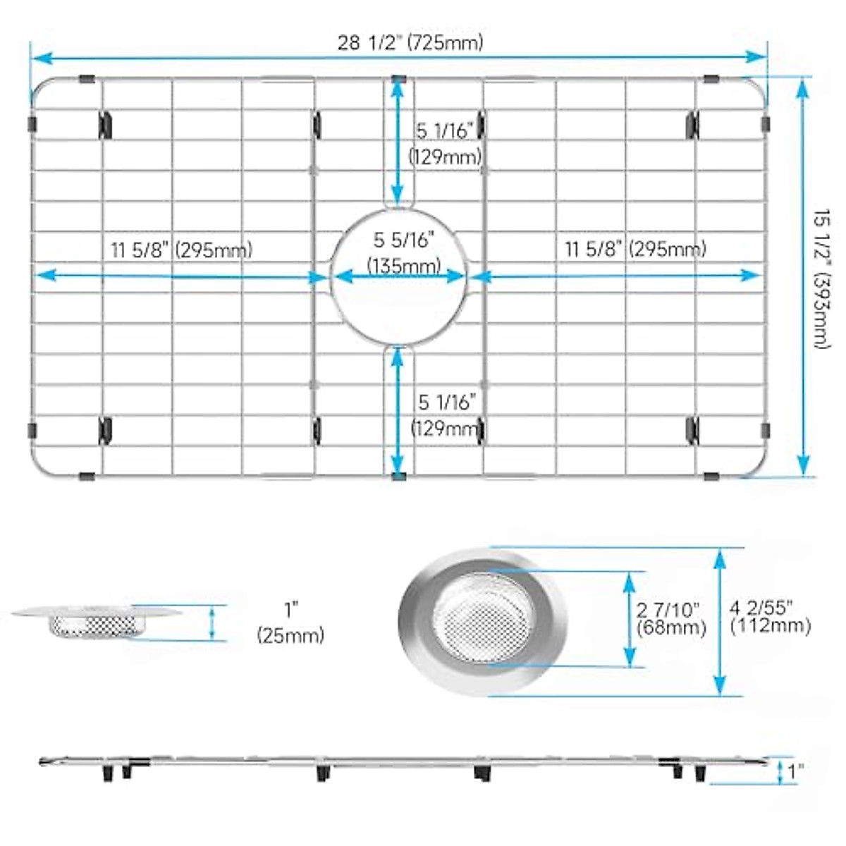 iPEGTOP Sink Bottom Grid, Stainless Steel Sink Protector 28-1/2" x 15-1/2" Centered Drain Hole with Corner Radius, Sink Grate for Bottom of Kitchen Sink Single Sink Bowl with Sink Hole Cover