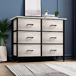 Sorbus Dresser with 6 Faux Wood Drawers - Chest Organizer Unit with Steel Frame Wood Top & Handle Easy Pull Fabric Bins for Clothes - Storage Furniture for Bedroom, Hallway, Living Room & Closet