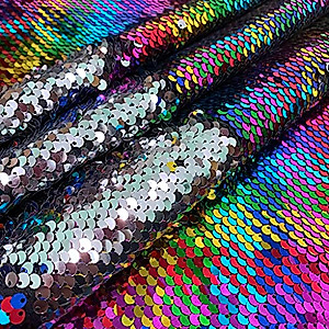 Reversible Sequin Fabric by The Yard Rainbow to Silver Flip Up Sequins Rainbow Two Tone Changing Color Fabric Glitter Fabric for Sewing Rainbow Mermaid Fabric