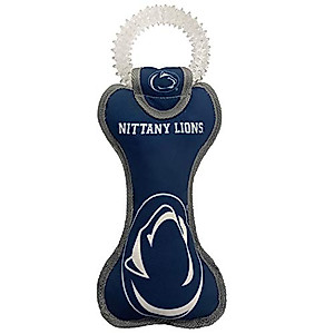 Pets First NCAA Penn State Nittany Lions College Dental Tough Dog TUG Bone Toy with Built-in Squeaker Attached to a Safe Rubber Teething Toothbrush PET Toy, Team Color, 14 x 5 (PA-3310)