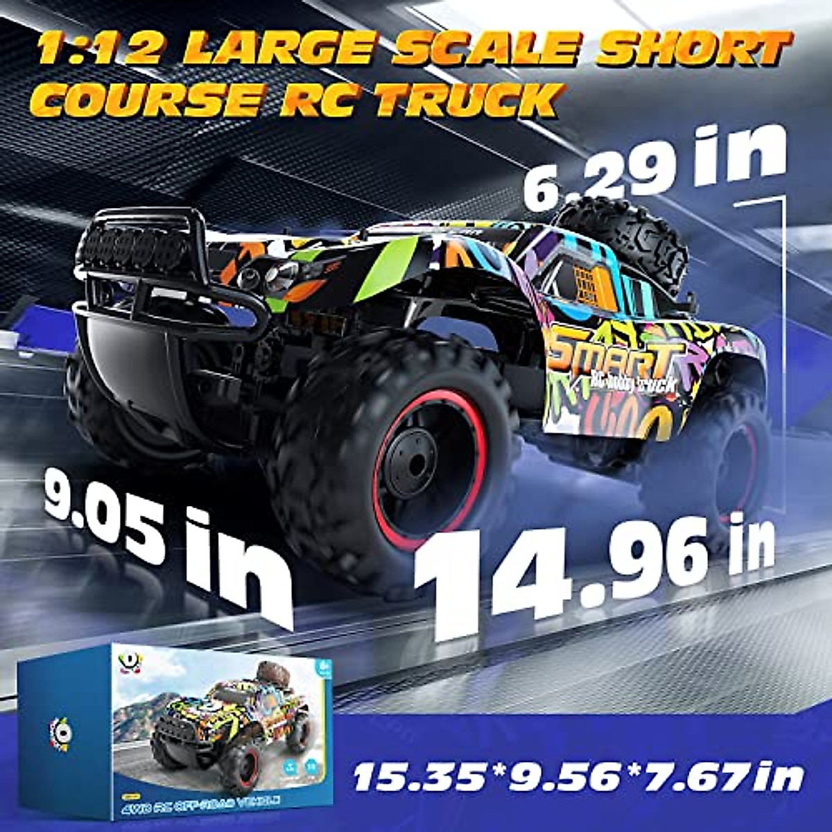 O WOWZON 1:12 Scale Short-Course RC Truck Large 4WD Hobby Crawler Grade Replaceable Spare Tire All Terrains Monster Crawler 2 Rechargeable Batteries for Age 6+ Boys Kids and Adults