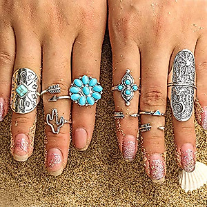 COLORFUL BLING 9 Pcs Set Boho Western Ring Set Turquoise Cactus Arrow Flower Carved Retro Stackable Joint Knuckle Finger Rings Sets for Women