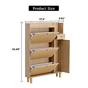 Wekity Shoe Storage Cabinet, Slim Shoe Cabinet for Entryway with 3-Tier Narrow & Storage Drawer, Rattan Shoe Cabinet with Door, Free Standing Wooden Shoe Cabinet for Entryway Hallway Doorway