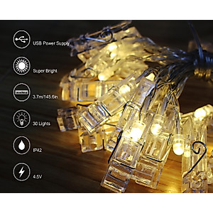 Ohbingo 30 Led Outdoor Christmas Lights Photo Clips String Lights USB Operated Fairy Lights Patio lights for Xmas, Bedroom, Indoor, Party, College Dorm Room, Ideal Gift 12ft Warm White