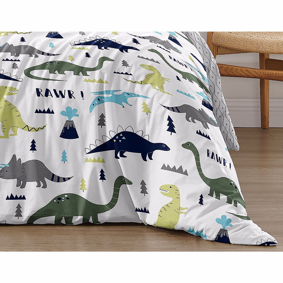 Sweet Jojo Designs Blue Green Modern Dinosaur Boy Queen Duvet Cover Bedding Set Full Size Bed Comforter Case Shams 3pc - Turquoise Navy Boho Bohemian Mod Dinosaurs Prehistoric Grey and White Volcano