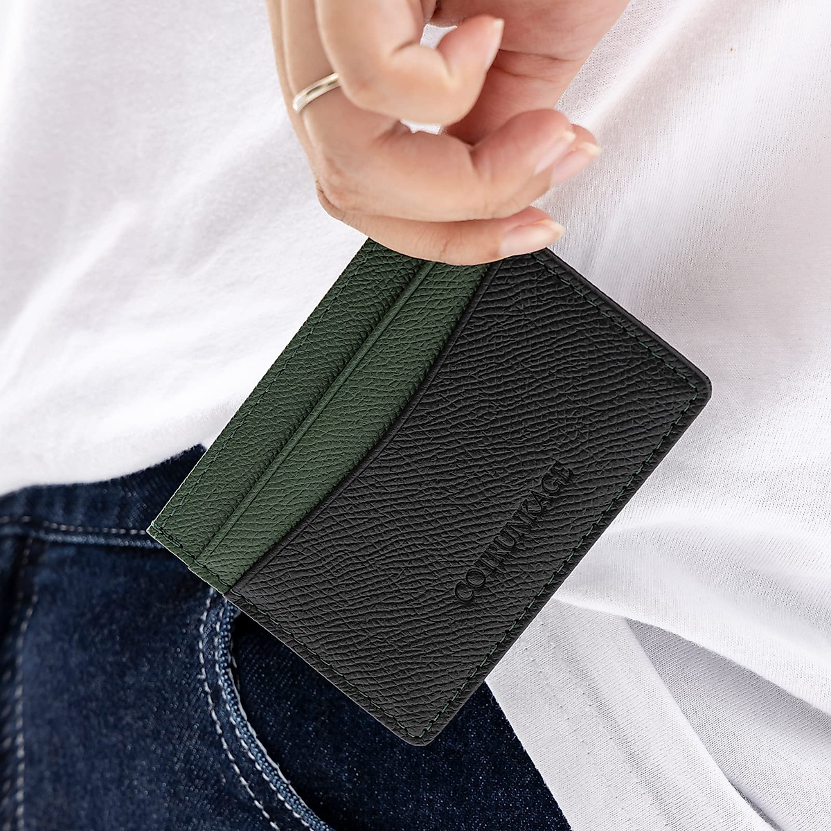 COTRUNKAGE Slim Leather ID Credit Card Holder Wallet for Men and Women, Green