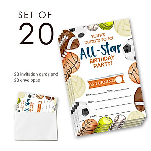 EUDOSI Colorful Sports Theme Birthday Party Invitations Supplies Fill-In Set of 20 with Envelopes Football Baseball Basketball Sports Birthday Bash Invites Cards, Double Sided