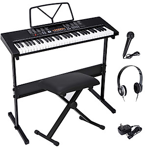 Saturnpower 61-Key Portable Electronic Keyboard Piano with Built In Speakers, Headphones, Microphone, Dual Power Supply, Piano Stand, Music Sheet Stand and Stool for Beginner (Kid & Adult) Black