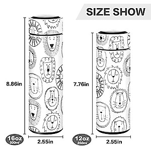CaTaKu Cartoon Lions Head Water Bottle Insulated 16 oz Stainless Steel Flask Thermos Bottle for Coffee Water Drink Reusable Wide Mouth Vacuum Travel Mug