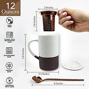Mora Ceramics Tea Cup with Loose Leaf Infuser, Spoon and Lid, 12 oz, Microwave and Dishwasher Safe Coffee Mug - Rustic Matte Ceramic Glaze, Modern Herbal Tea Strainer - Great Gift for Women, Garnet