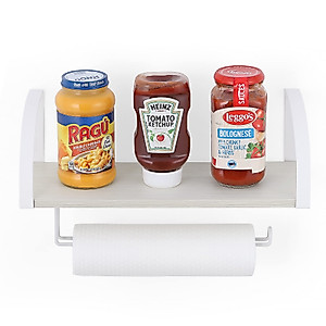 Farmhouse Wood Paper Towel Holder Under Cabinet Wall Mount Paper Towel Holder with Storage Shelf for Kitchen, Bathroom, Cabinets Shelf Storage Organizer