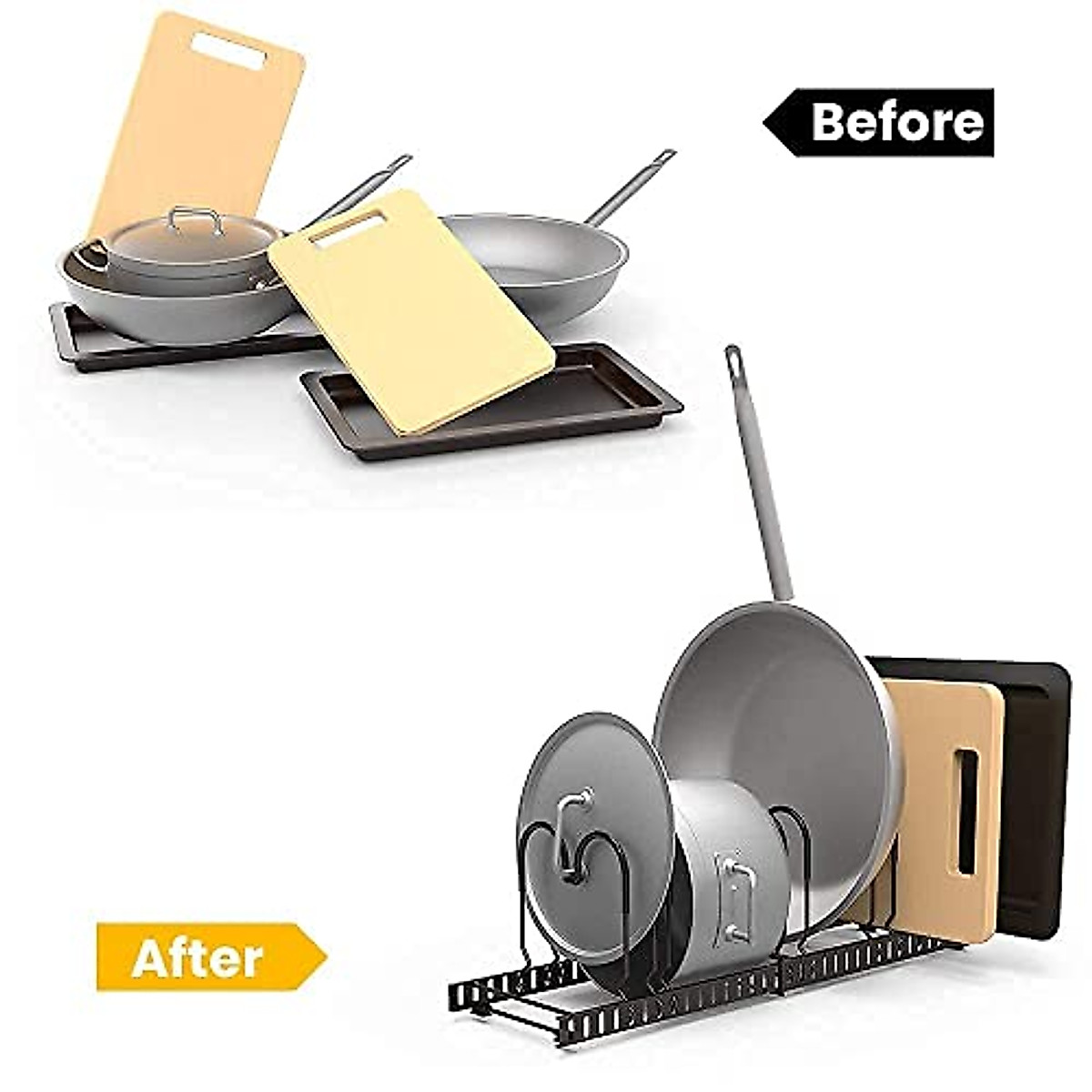 BBLHOME Pots and Pans Organizer 10 Adjustable Dividers Pot Lid Organizer Rack, Expandable Pan Holder for Kitchen Counter and Cabinet