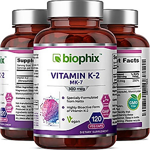biophix Vitamin K2 MK-7 - 300 mcg 120 Vcaps - High-Potency Supports Strong Bones Immune Health and D-3