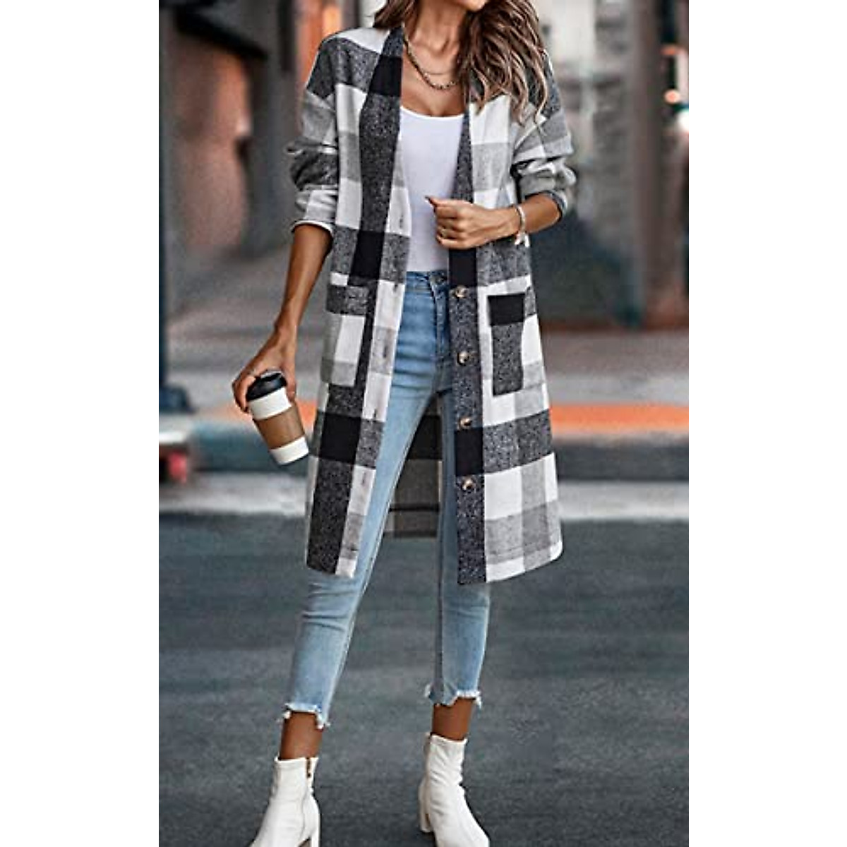 ECOWISH Women Jacket Flannel Coat - Fall Plaid Shacket Long Sleeve Button Trench Cardigan Outfits Casual Outwear Black White Medium