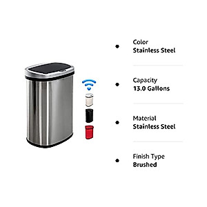 Kitchen Trash Waste Bin Brushed Stainless Stell Garbage Can 13 Gallon Automatic Trash Can Touch Free High Capacity 50 Liter with Lid , for Bathroom Bedroom Home Office