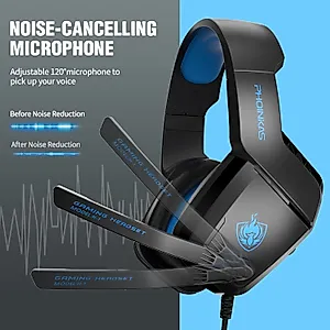 PHOINIKAS Gaming Headset, PS5 Headset for PS4, Xbox One, PC, Laptop, Switch, Over Ear Gaming Headphones Noise-Cancelling Mic, Bass Surround - Blue
