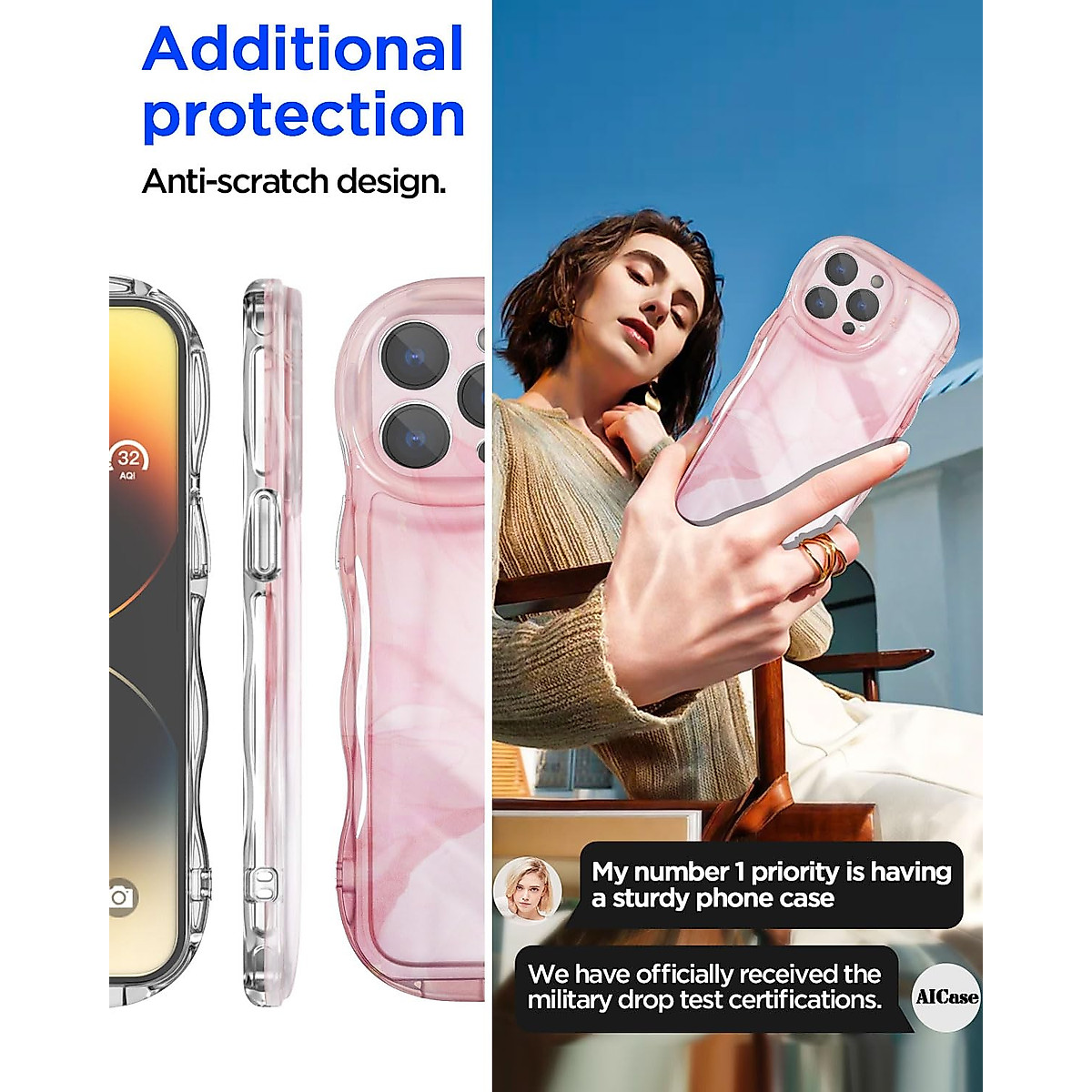 AICase iPhone 14 Pro Max Case Curly Wave Frame Cute Design with Full Camera Lens Protection,Aesthetic Kawaii Slim TPU Bumper Luxury Plated Shockproof Protective Transparent for Women Girls Men_3