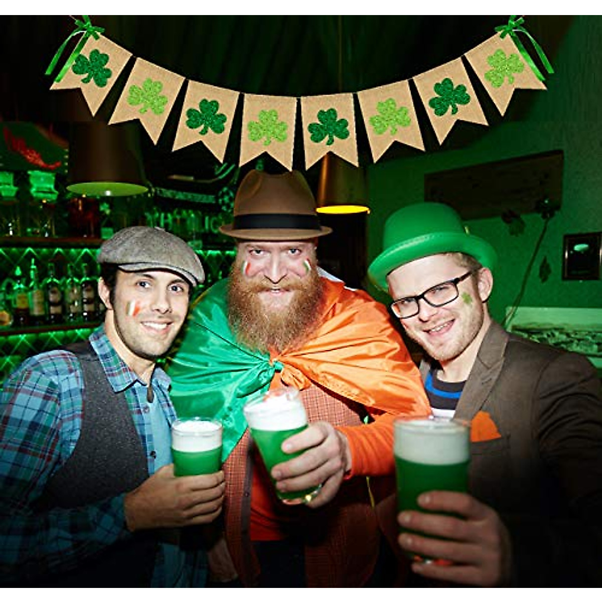 CAVLA Glittery Shamrock Burlap Banner St. Patrick's Day Green Shamrock Clover Banner Garland with Bows Saint Patrick's Day Party Decorations for Irish Lucky Day St. Patty’s Day Home Outdoor Decor