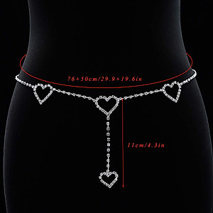 Dresbe Rhinestone Belly Waist Chain Silver Heart Body Chains Party Body Jewelry Accessories for Women