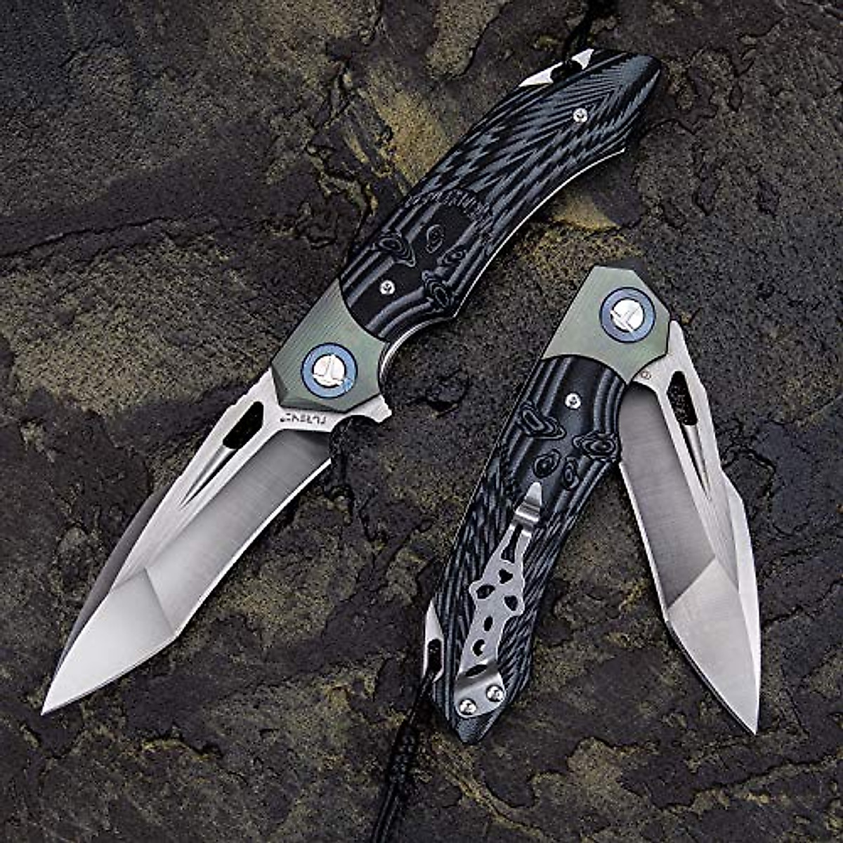 NEWOOTZ Skull Theme Folding Pocket Knife with Leather Sheath, Handmade Titanium Damascus Steel Decoration Handle,4in 58-60HRC Blade, EDC Cool Outdoor Tanto Point Knives for Men Women