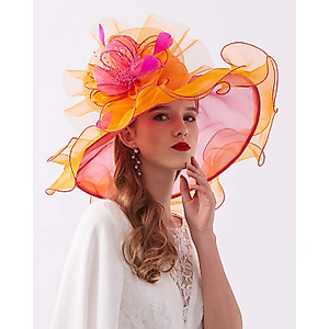 ELLYDOOR Women Organza Derby Hat Wide Brim Wedding Tea Party Hat Beads Floral Fascinator Church Hat 20-Orange