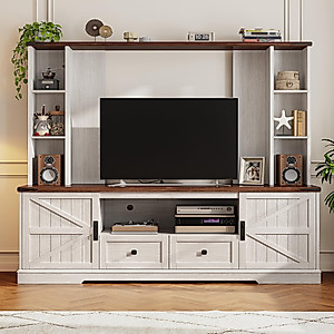EnHomee Wood TV Stand,Wall Unit Entertainment Center with Ample Storage Space and Adjustable Shelves, TV Stands for Living Room Up to 65'', TV Console with 2 LED Lights & Power Outlets, White