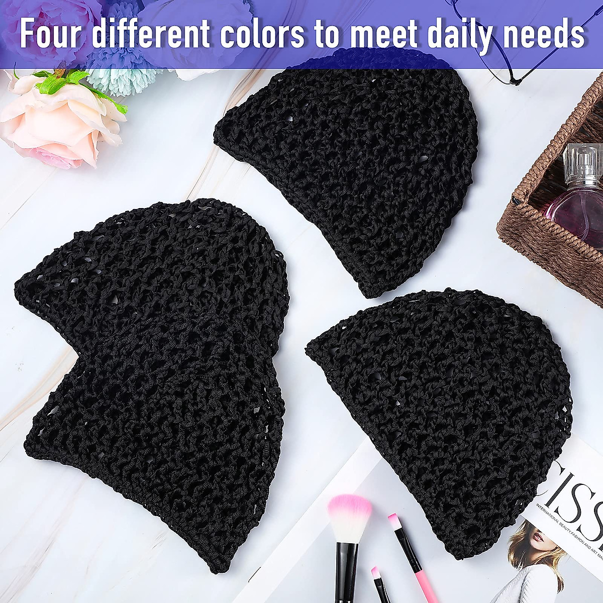 Geyoga 9 Pieces Mesh Crochet Hair Net Rayon Knit Snood Hat Thick Short Women Hairnet Snoods Cover Ornament for Sleeping (Black)