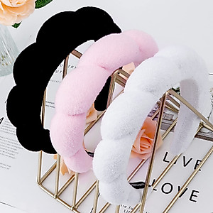 WHAVEL 3 Pack Spa Headband Skincare Headbands, Makeup Headband Sponge Terry Cloth Headbands Face Wash Headband Puffy Hair Band for Washing Face Women Girls (White, Pink, Black)