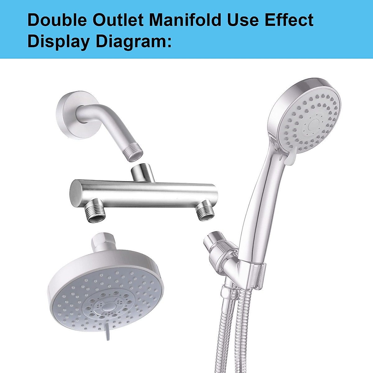 AZOS Chrome Double Outlet Shower Manifold, Suitable for Dual Sprayer Showering System, Can Connect Two Showerheads - Double Enjoyment