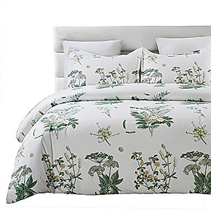 Vaulia Lightweight Microfiber Duvet Cover Set, Floral Print Pattern - King, White /Green Color 3-Piece Set ( 1 Duvet Cover 2 Pillow Shams )