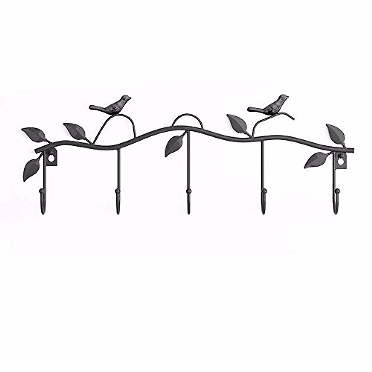 SUODAO Decorative Rustic Tree Branch & Birds Wall Mounted Metal 5 Coat Hook,Hanging Robe Hanger Leaf Coat Wall Decor Holder(Black)