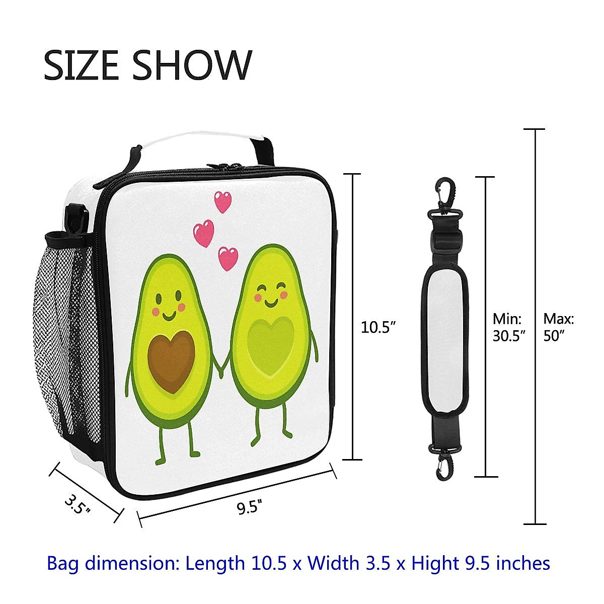 ZZXXB Avocado Love Heart Insulated Lunch Bag Box Reusable Thermal Cooler Bag Tote Outdoor Travel Picnic Bag With Shoulder Strap for Children Students Adults