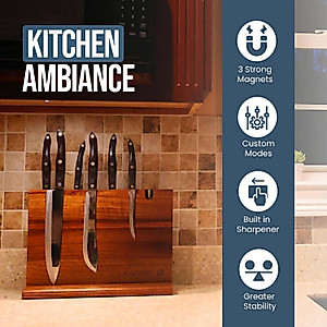 Acacia Wood Magnetic Knife Block 14 x 10" - Double Sided Magnet Knife holder - Magnetic Knife Board W/Knife Sharpener - Knife Holder for Kitchen Counter - Detachable Knife Display Stand