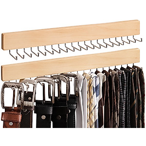 StorageWorks Tie Rack, Tie Holder Organizer with 20 Hooks, 2-Pack Necktie Organizers Hold Ties, Belts, Wall-Mounted Tie Holders for Closet, Wooden Belt and Tie Organizer for Men, Natural Wood Color