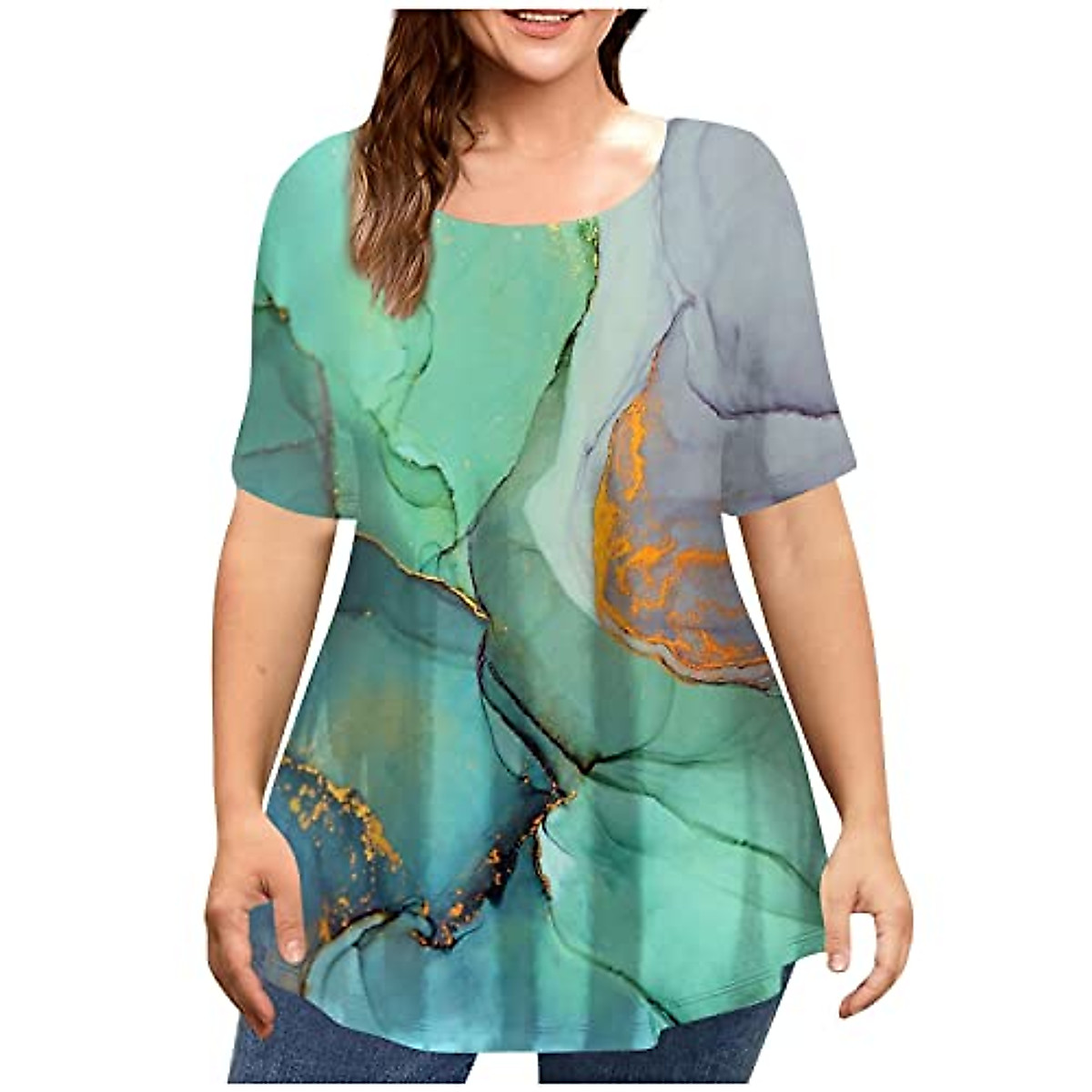 3/4 Sleeve Tops for Women Summer Women Western Tops Sparkly Crop Tops for Women Party Black Tunic Tshirts for Women Lace Blouses for Women Plus Size（1-Cyan,X-Large）