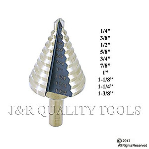 Titanium Step Drill Bit, High Speed Steel 1/4" to 1-3/8" Total 10 Step Sizes