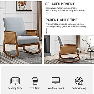 NIOIIKIT Nursery Rocking Chair with Wood Frames, Mid Century Upholstered Farmhouse Living Room Armchair, Comfy Glider Rocker for Nursery Living Room Bedroom Reading Indoor (Light Grey)