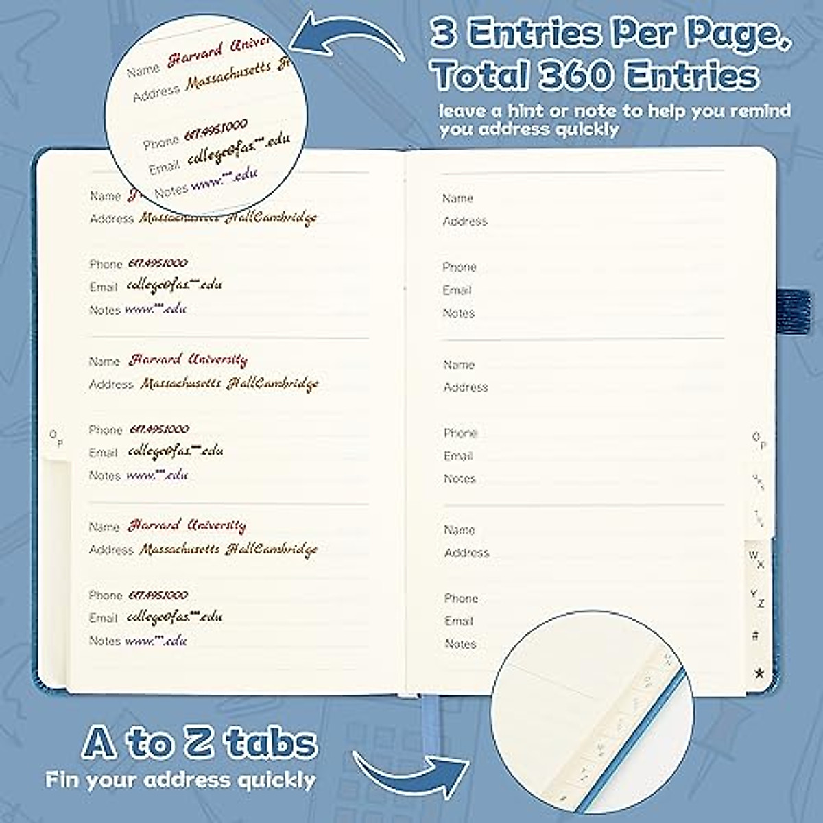 DAOFARY Address Book with Alphabetical Tabs - Small Address Keeper Book (5.3 * 7.6 in) with Inner Pocket, Hardcover Address Notebook for Store Your Important Informations (Blue Haze)