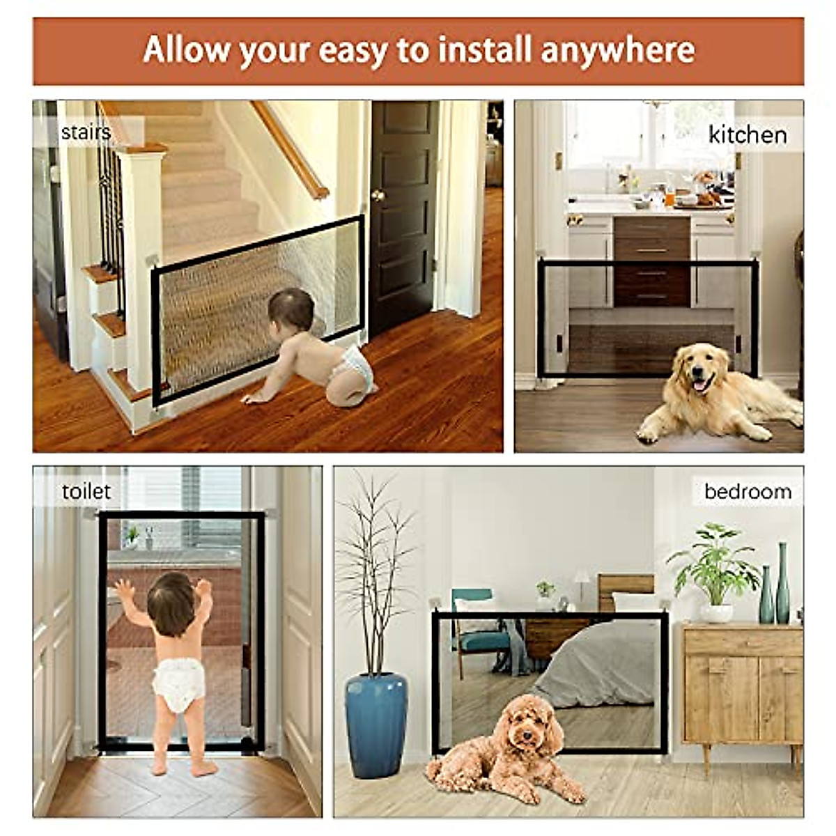 Baby Gate Pet Gate Magic Dog Gates for The House, Safety Guard Gate Retractable Mesh Dog Gate for The Stairs Doorways, Portable Folding Child's Safety Gates Install Anywhere 30'' X 39'', 8 Hooks